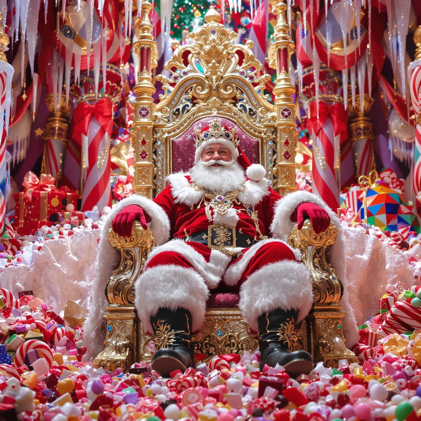 Santa sits on a candy throne, epic, tons and tons of candy canes ...
