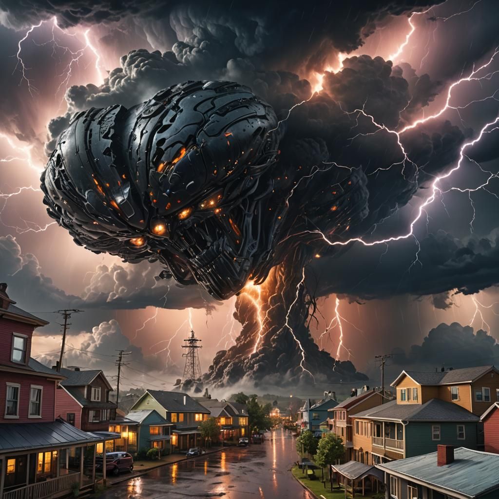 Giant alien probe over a modern country town lightning storm black ...