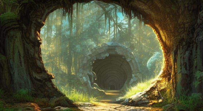 Natural portal, sunlight and shadow, translucent, tunnel through trees ...