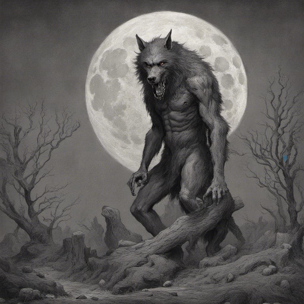 Grey werewolf, the moon, and the wood - AI Generated Artwork ...