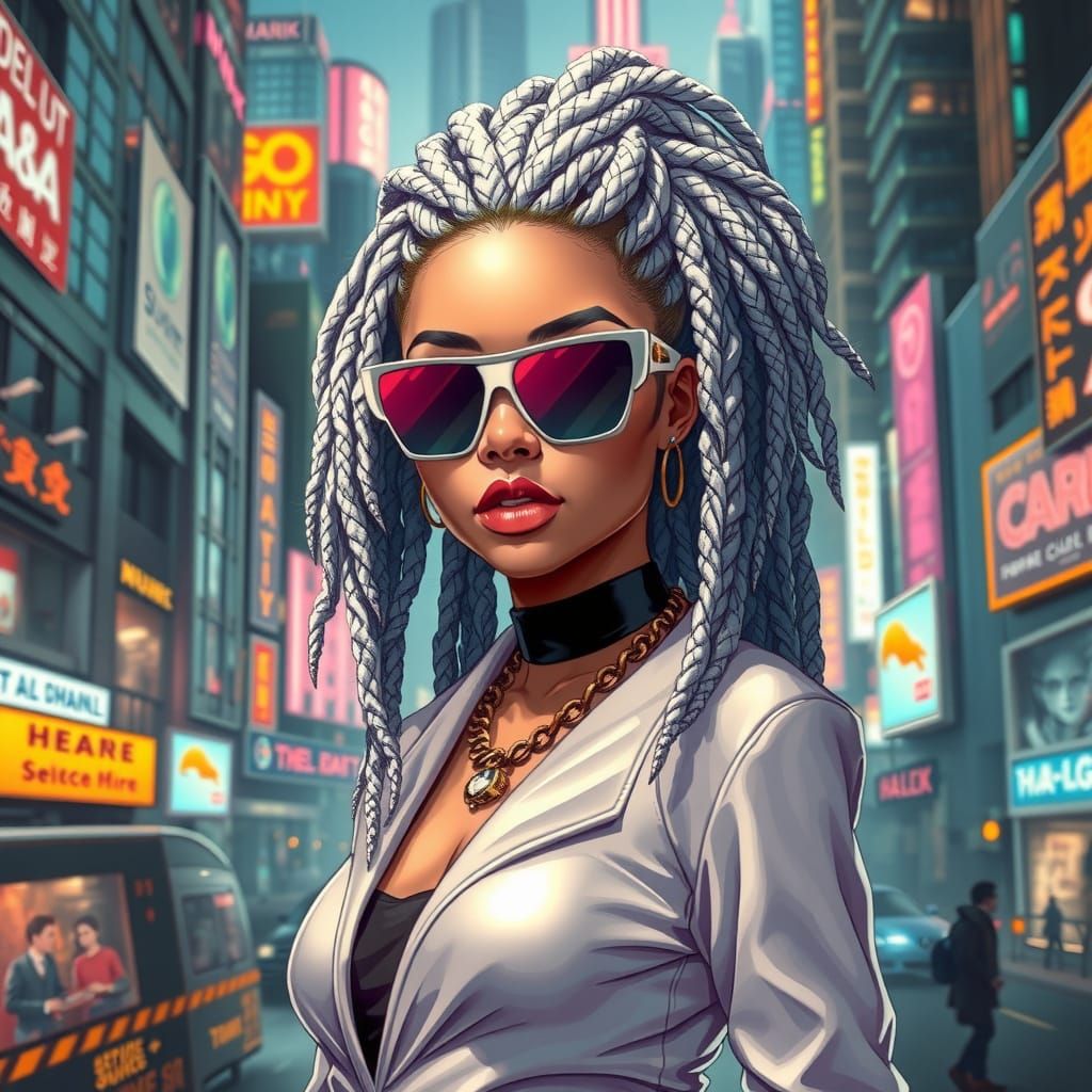 Cyberpunk Girl with Silver Dreadlocks in Futuristi... - AI Art