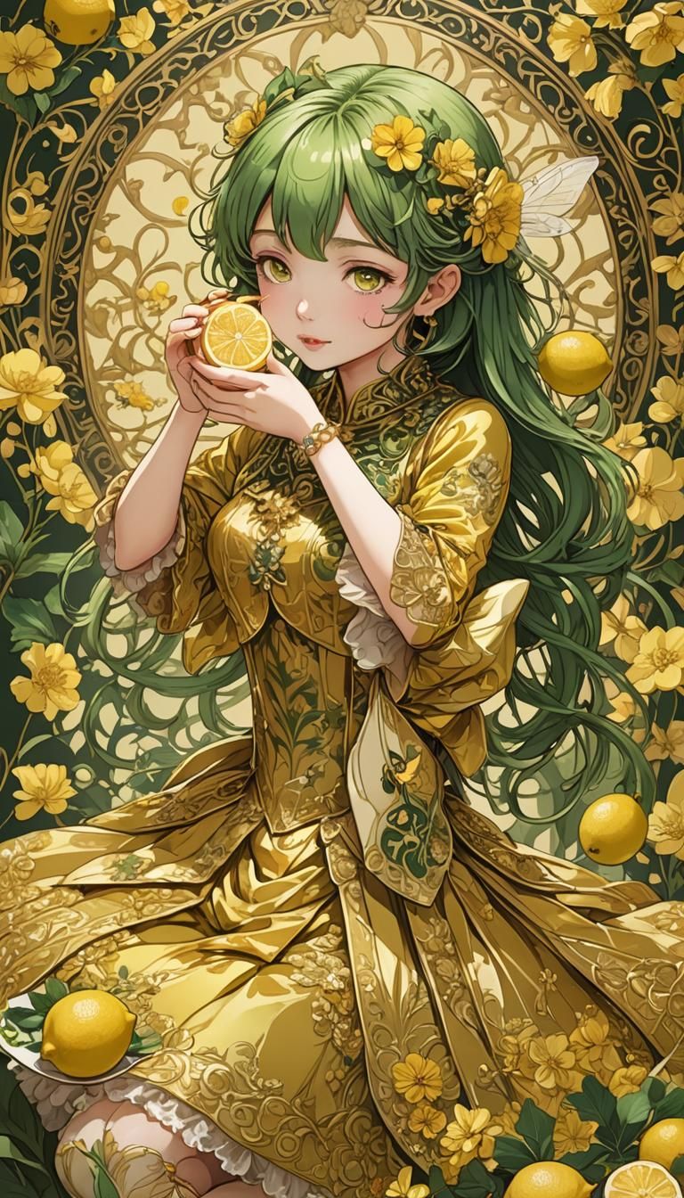 buttercup fairy in golden dress biting into lemon - AI Generated ...