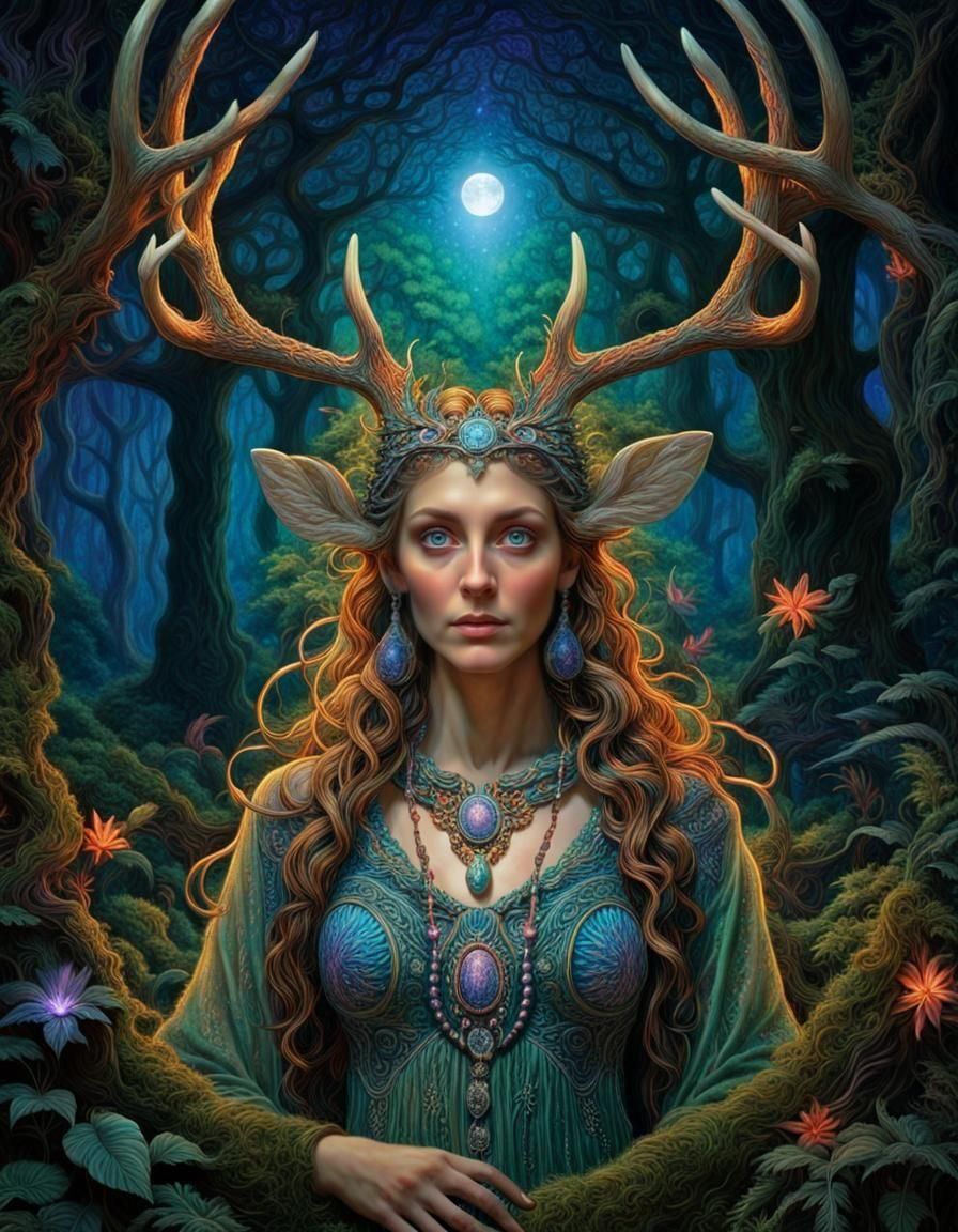 Beautiful Antlered Goddess Brigid, in the middle of an enchanted forest ...