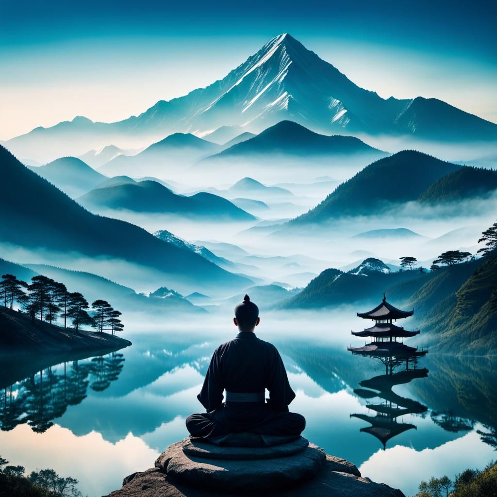 Double exposure art, a serene mountain landscape inside the silhouette ...