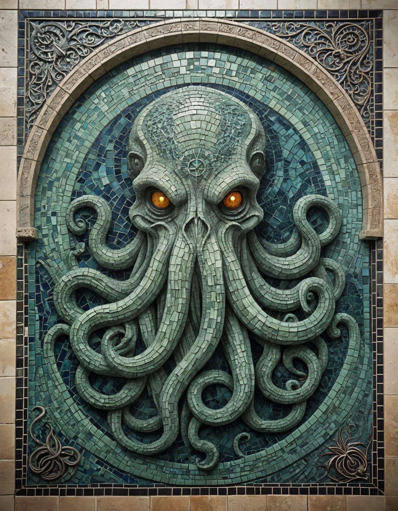 Ancient Horror Unveiled in Intricate Mosaic - AI Art