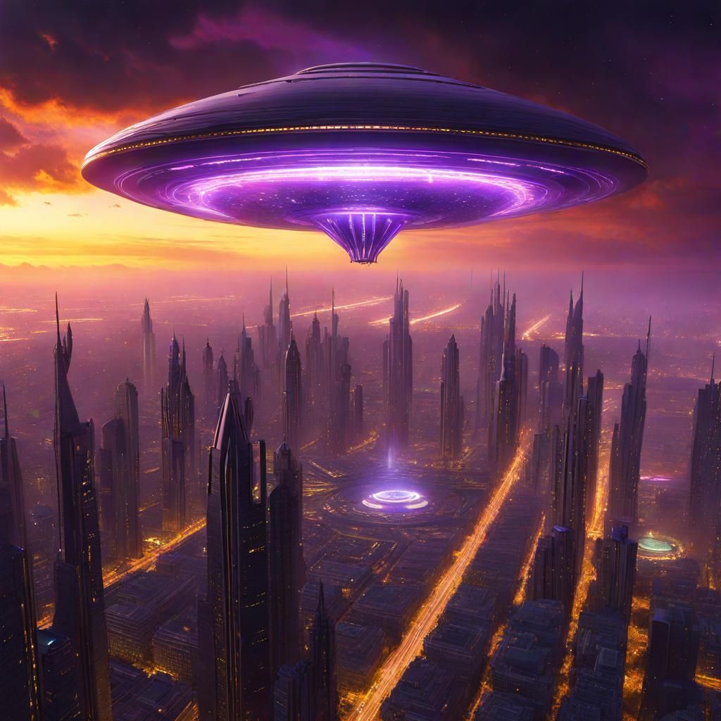 a massive alien mothership in the sky of a big city, view from afar ...