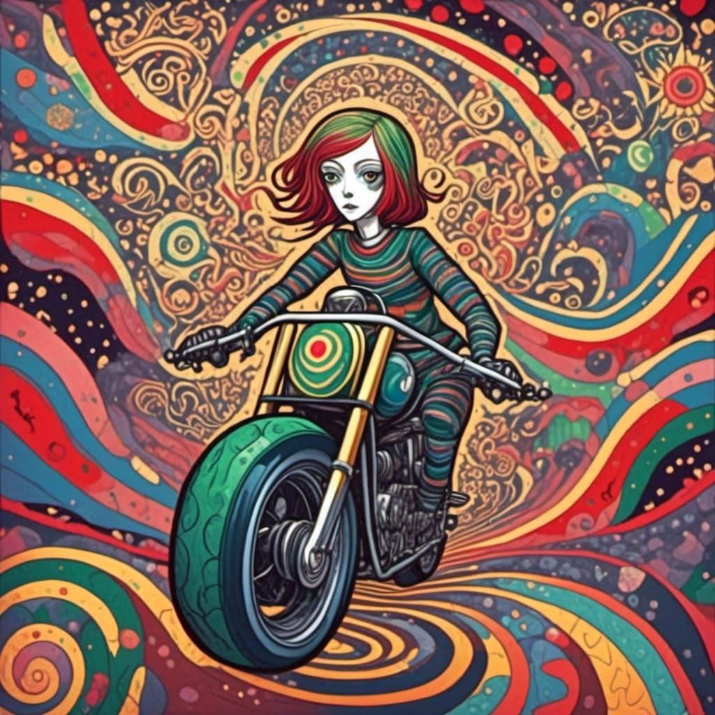Motorcycle in a psychedelic maze in the style of Junji Ito and Michael ...