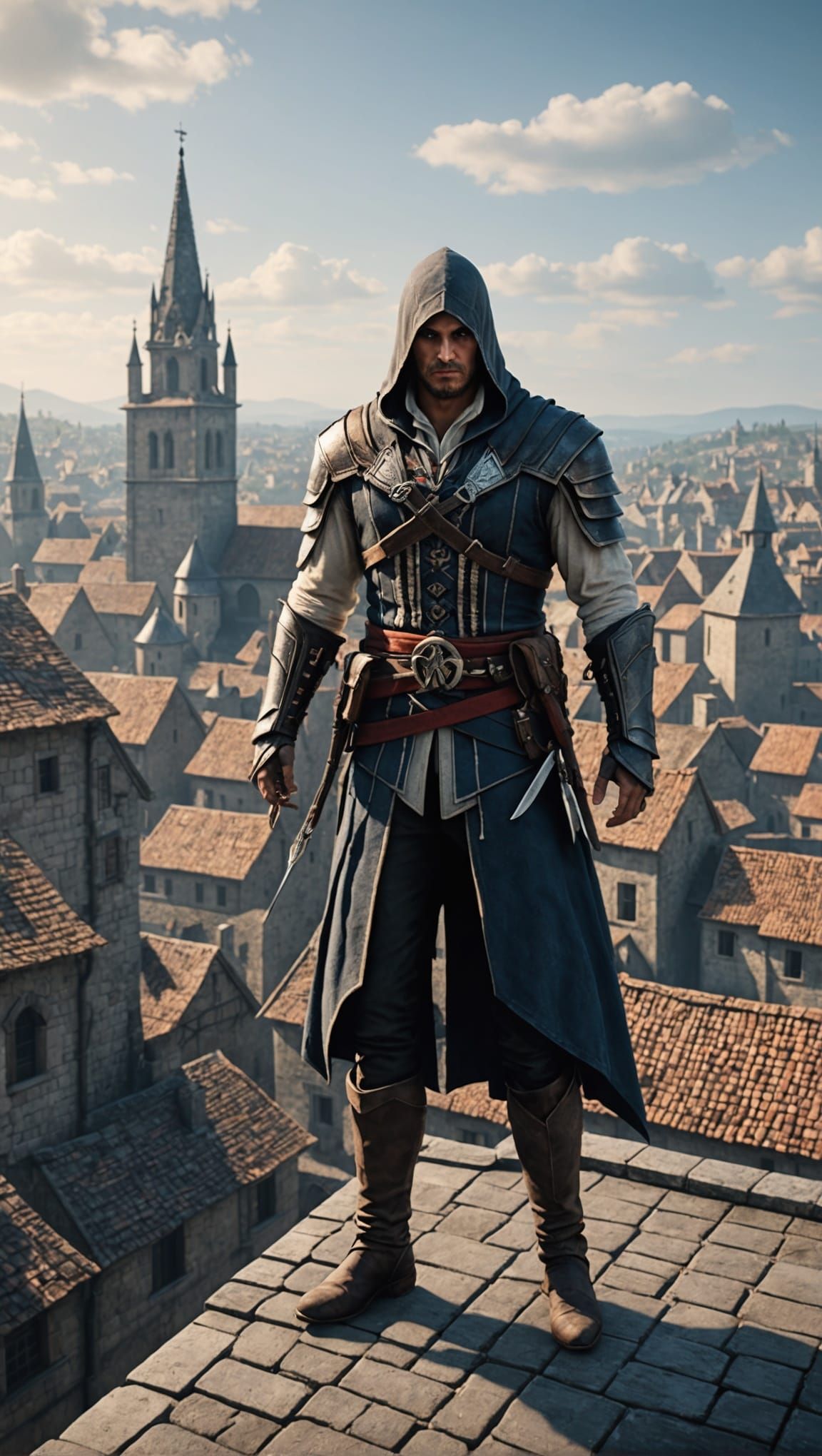 Assassin's creed in medieval town standing on roof top 3d 8k resolution ...