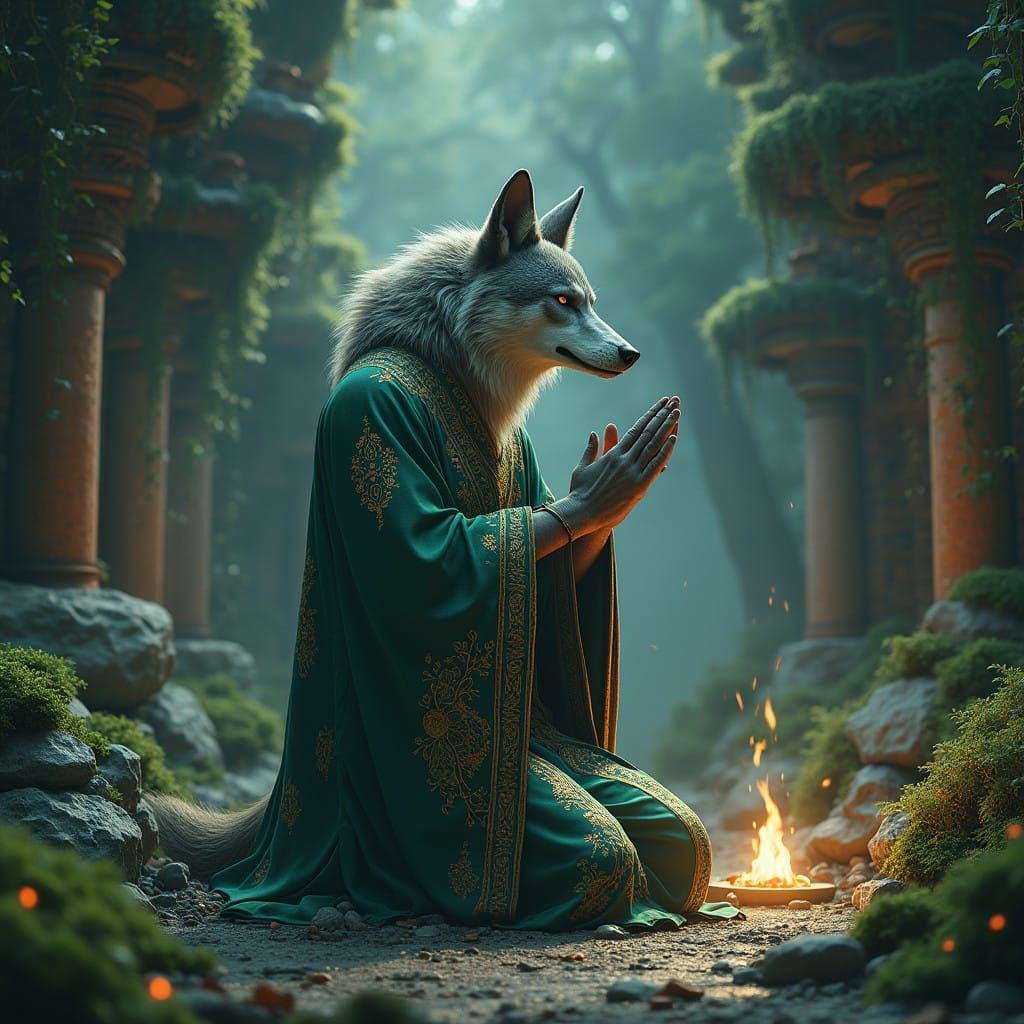 Wolf Man in Dark Green Robes Kneels in Prayer at A... - AI Art