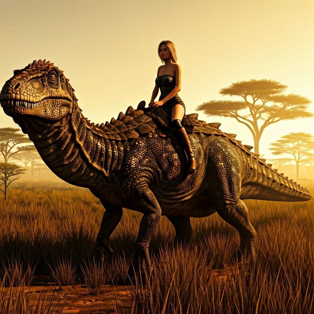 Savannah ride - Photorealistic Woman Rides Dinosaur in Golde...