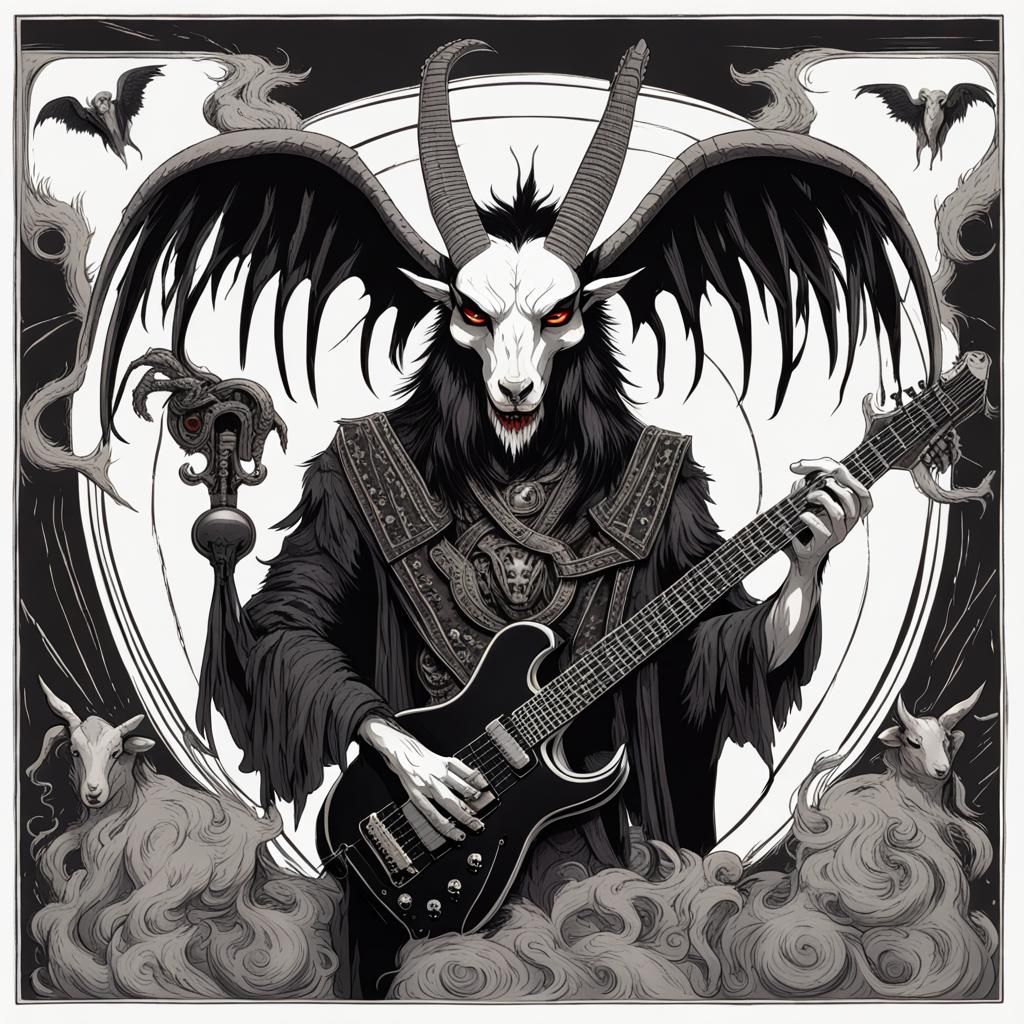 Humanoid demon with a goat's head and large black wings holding a mean ...