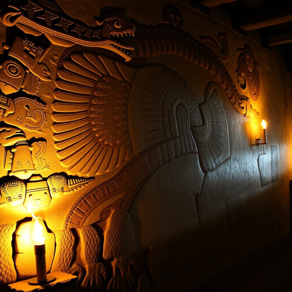 An elaborate Aztec mural, torchlight, mysterious