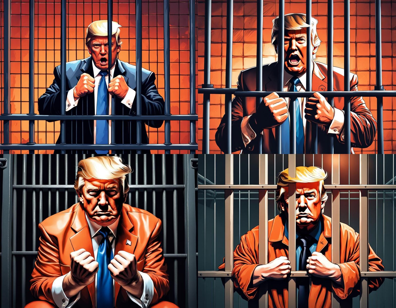 Donald Trump in a prisoner outfit clenching his fists in a jail cell. - AI Generated Artwork ...