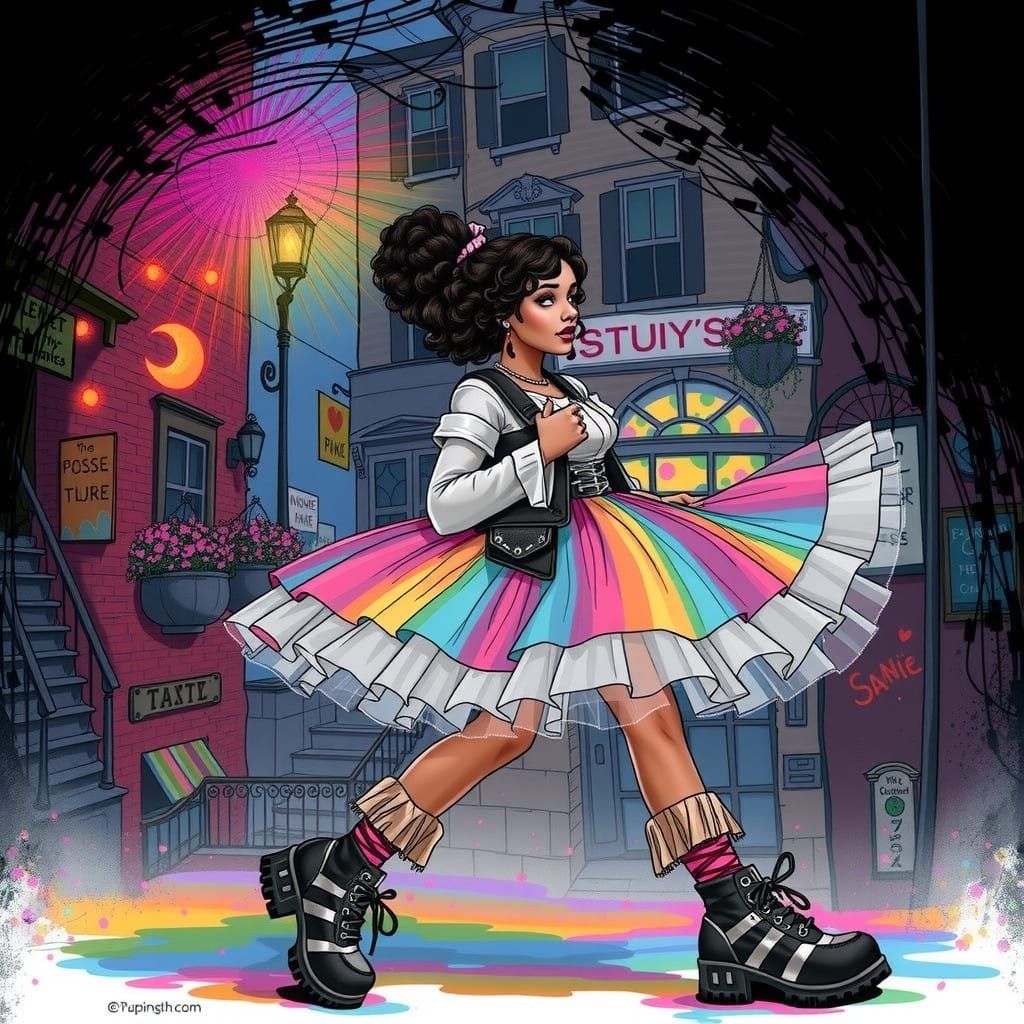 Funky girl on a walk, colored hair and tutu