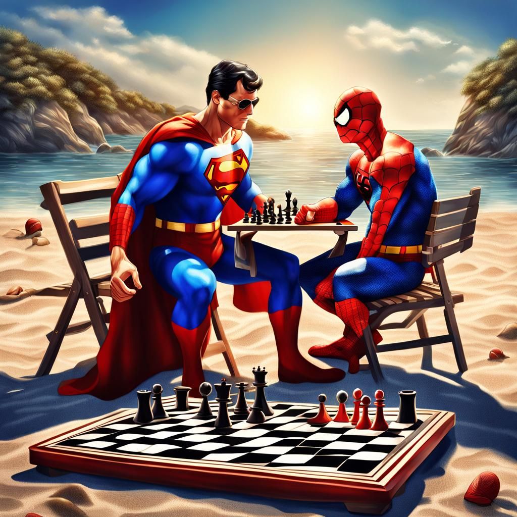 I wonder who will win? . Funny scene: Superman and Spiderman playing ...