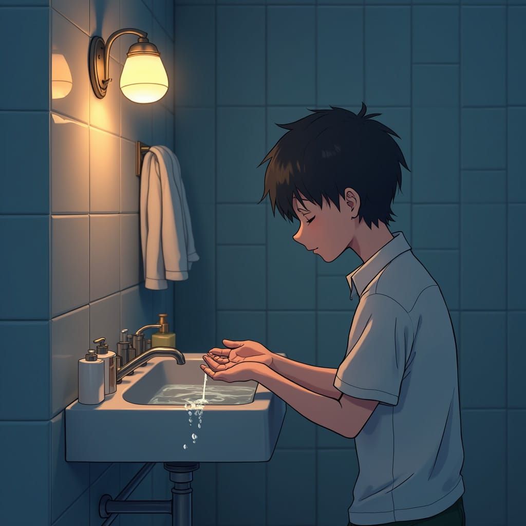 Peaceful Anime-Style Bathroom at Nighttime - AI Art