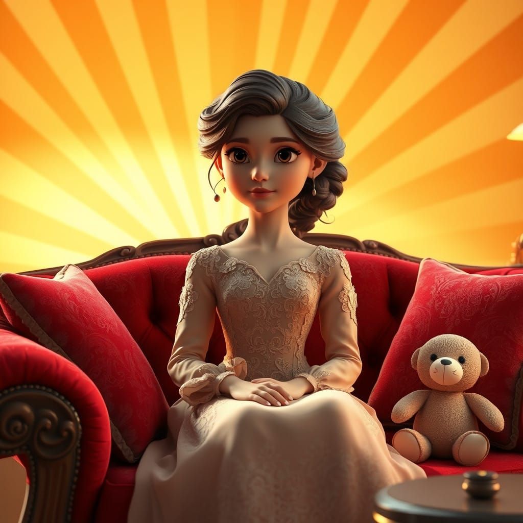 A sensitive young lady sits on a Victorian-style sofa with a doll and a ...