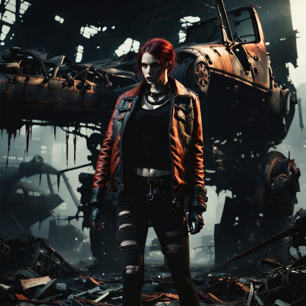 Dystopian Goth Model Among Rusted Wrecks - AI Art