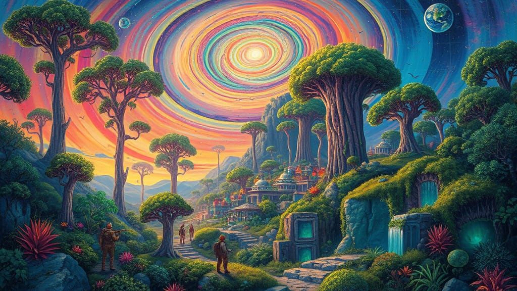 Thriving Earth Settlement in Vibrant Alien Jungle - AI Art