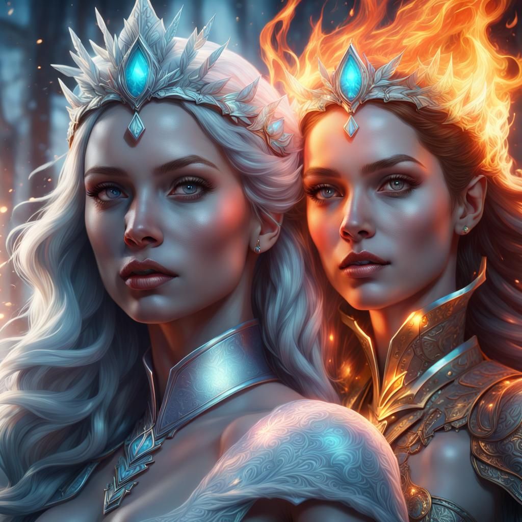 Beautiful Fire Queen with Beautiful Ice Queen - AI Generated Artwork ...