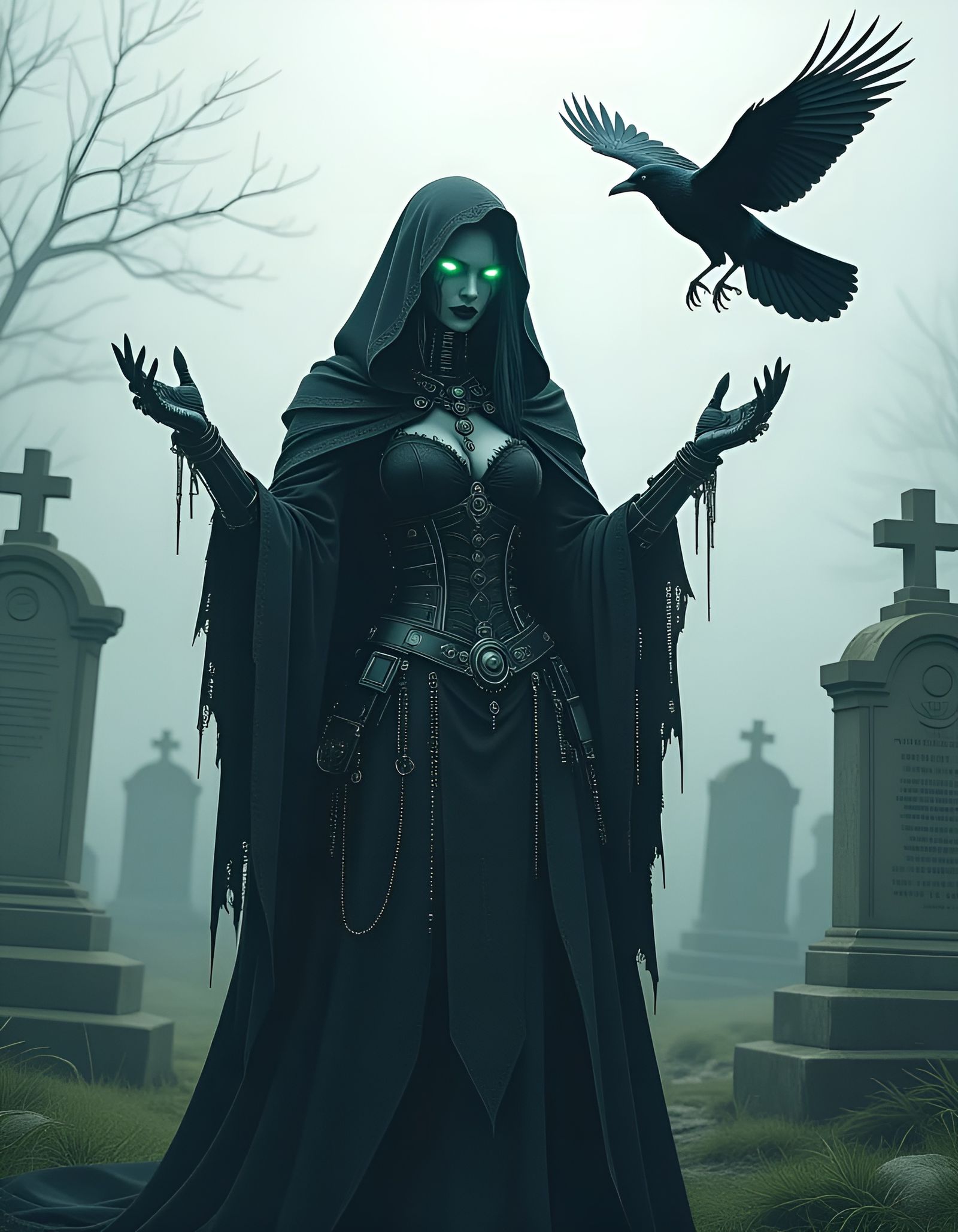 Gothic Cyberpunk Witch Summons a Raven - AI Art