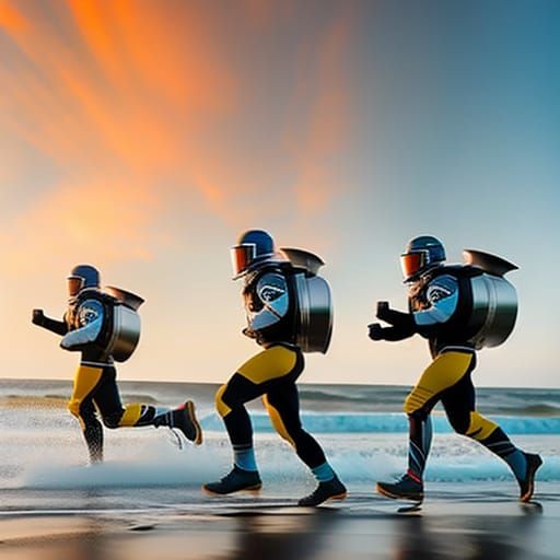 Astronauts in spacesuits running a marathon on top of the ocean :: fast ...
