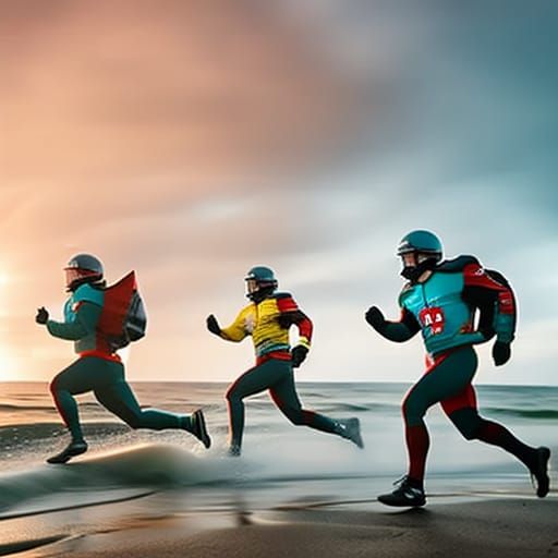 Astronauts in spacesuits running a marathon on top of the ocean :: fast ...