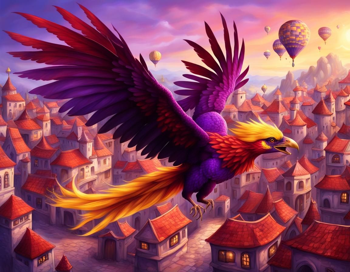 Fenix flying above fantastic town - AI Generated Artwork - NightCafe ...