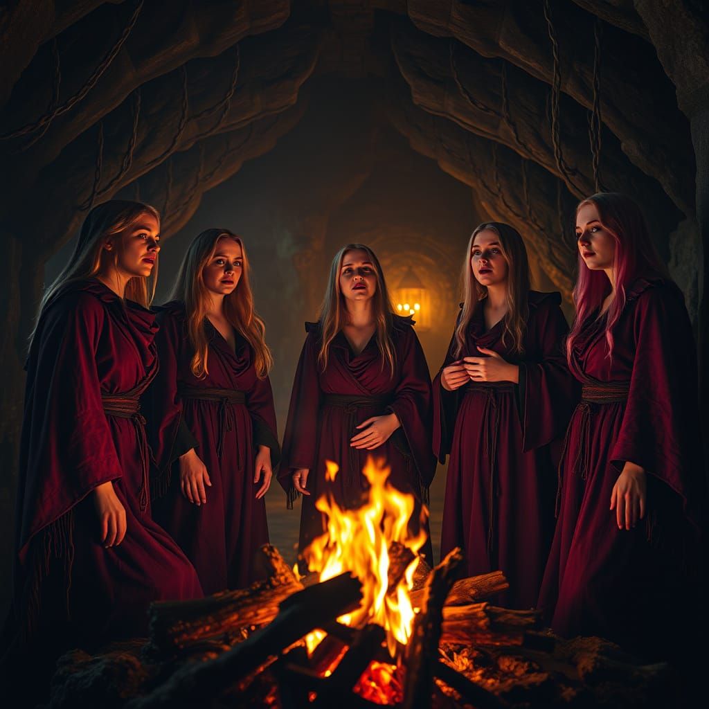 Full shot. Five slim, attractive, pink haired, middle aged ladies ...