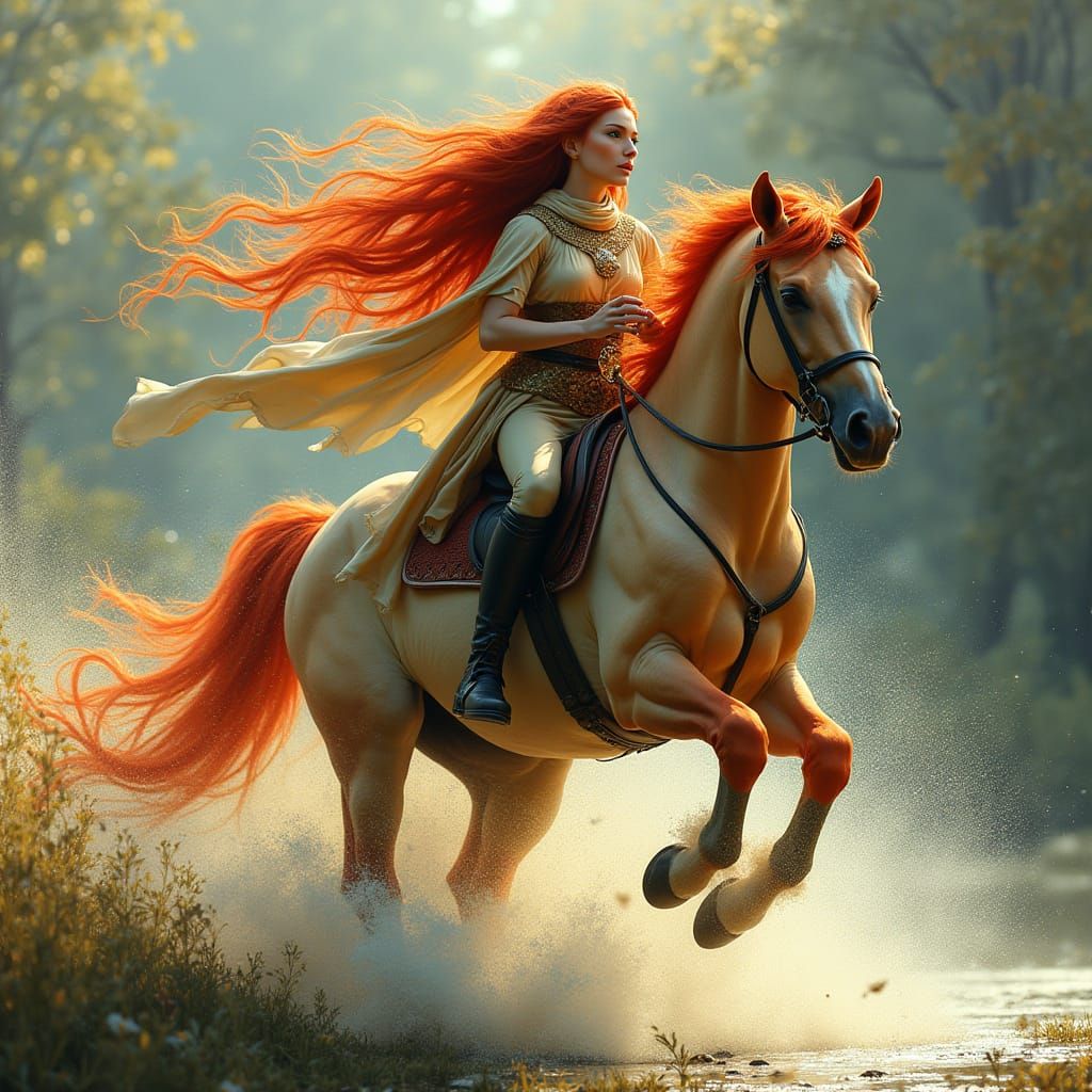 Celtic Goddess Brigid Riding Kelpie in Modern Jump... - AI Art