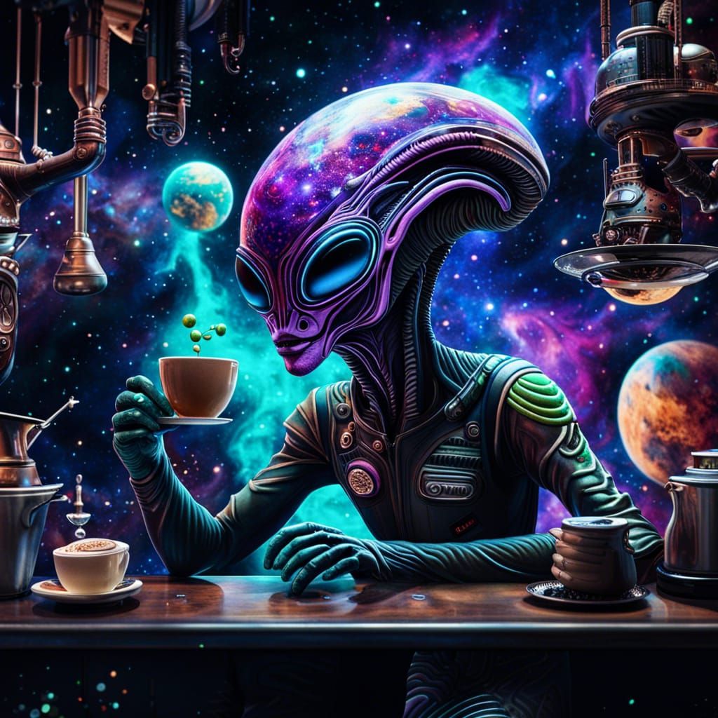 Alien barista, vibrant atmosphere, bustling with alien customers ...