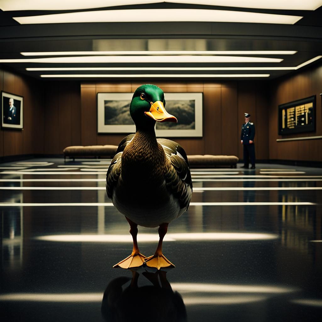 A photo of a duck wearing military clothing, in FBI headquarters ...