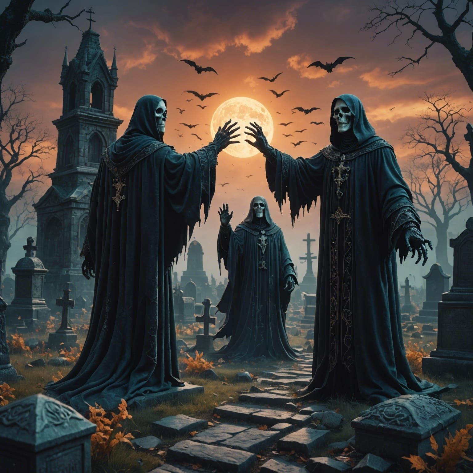 two ghost in a graveyard high fiving each other detailed matte painting ...