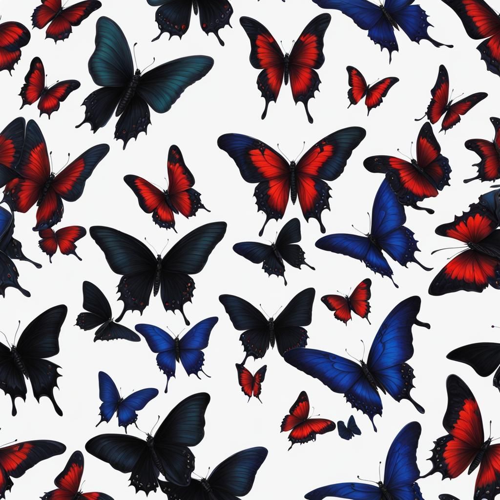 gothic black butterflies with fiery red and royal blue wings, long ...
