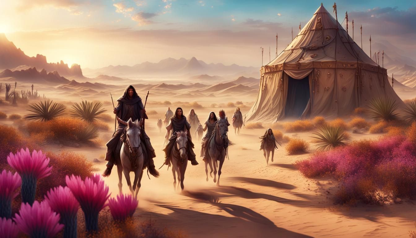 a group of RPG adventurers heading into a fantasy desert landscape ...