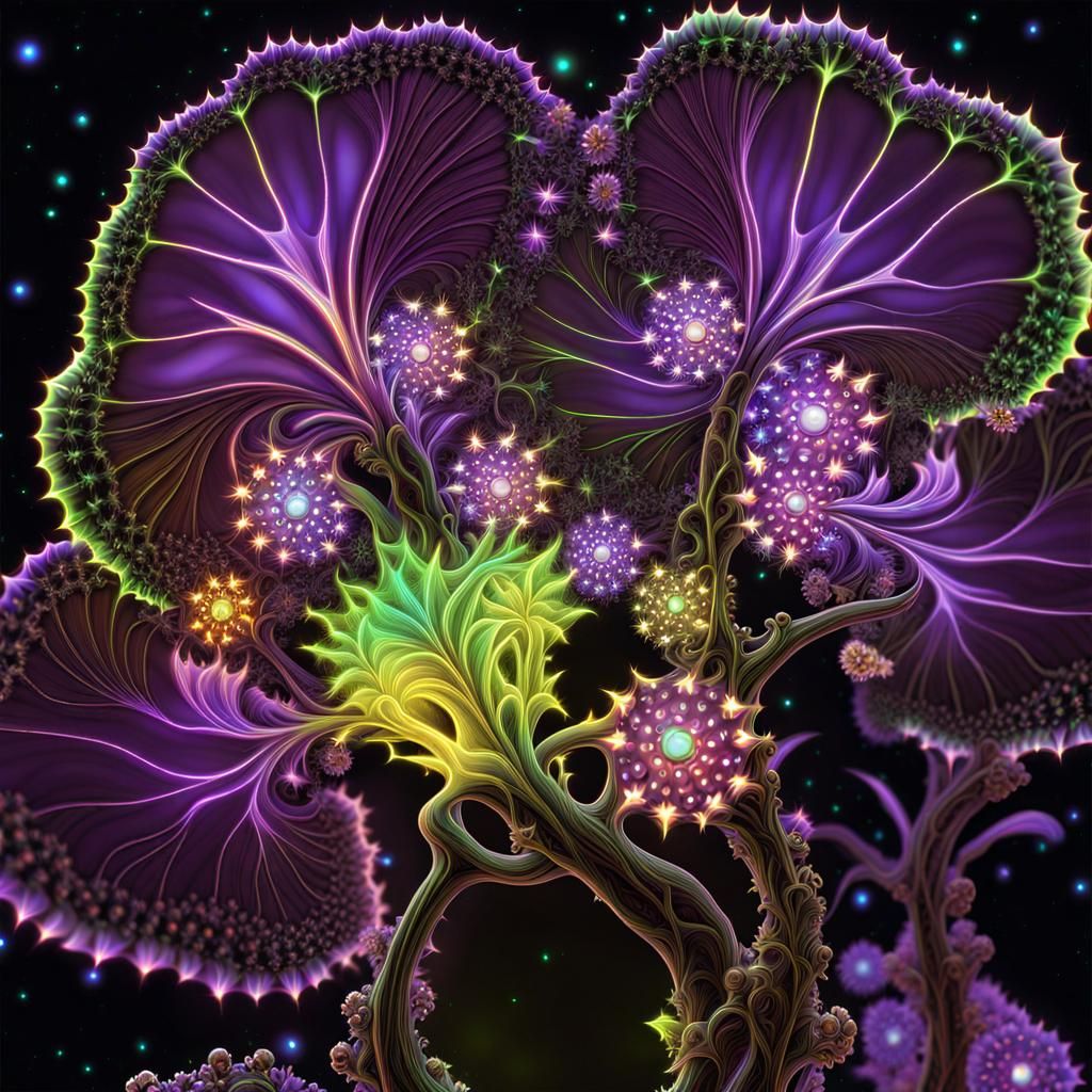 Transparent bioluminescent fractal plants. Luminous opalescent ...