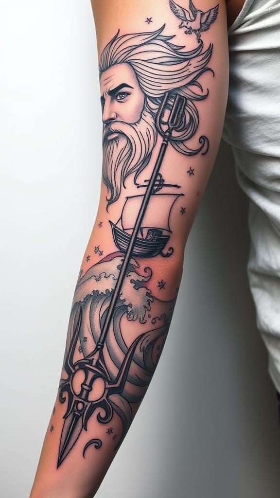 Elegant Fine Line Poseidon Tattoo Design Wraps Aro... - AI Art