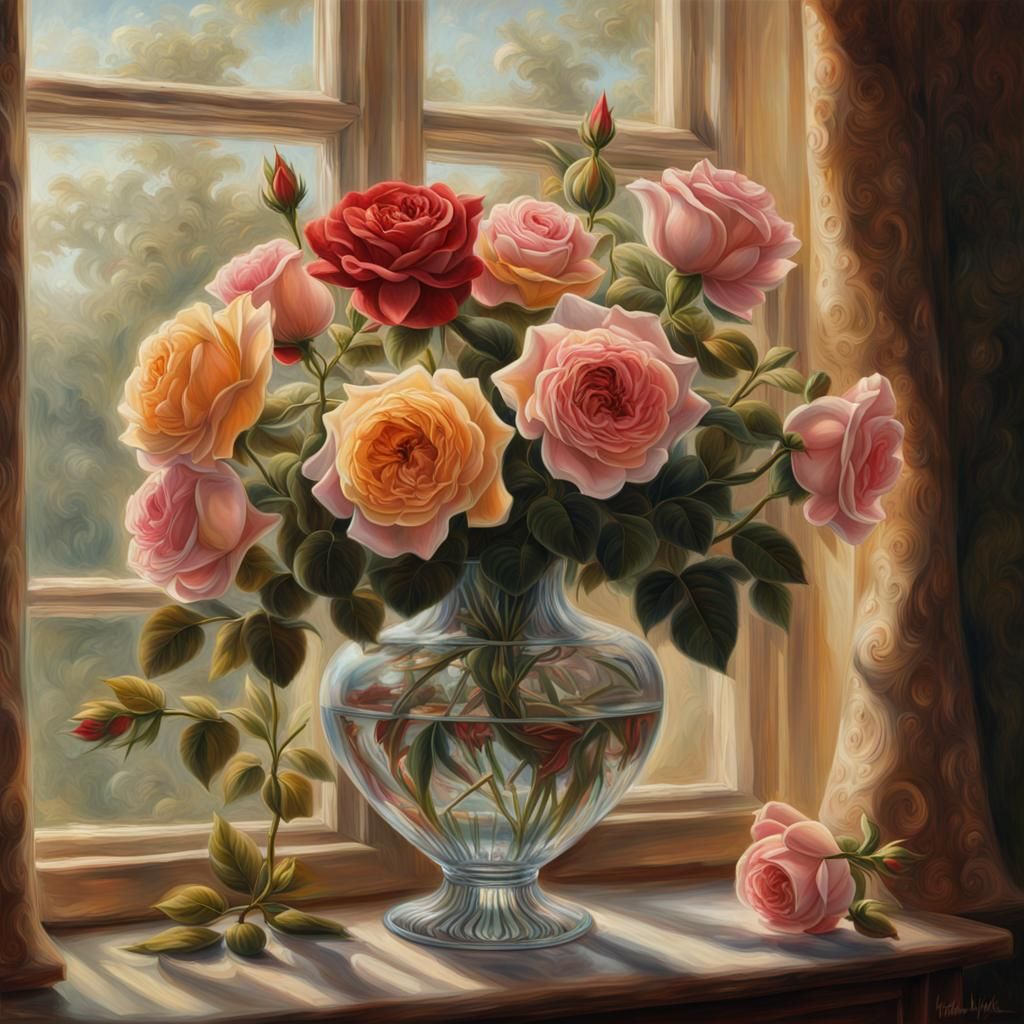 "A lavish bouquet of diverse and vibrant roses, meticulously arranged ...