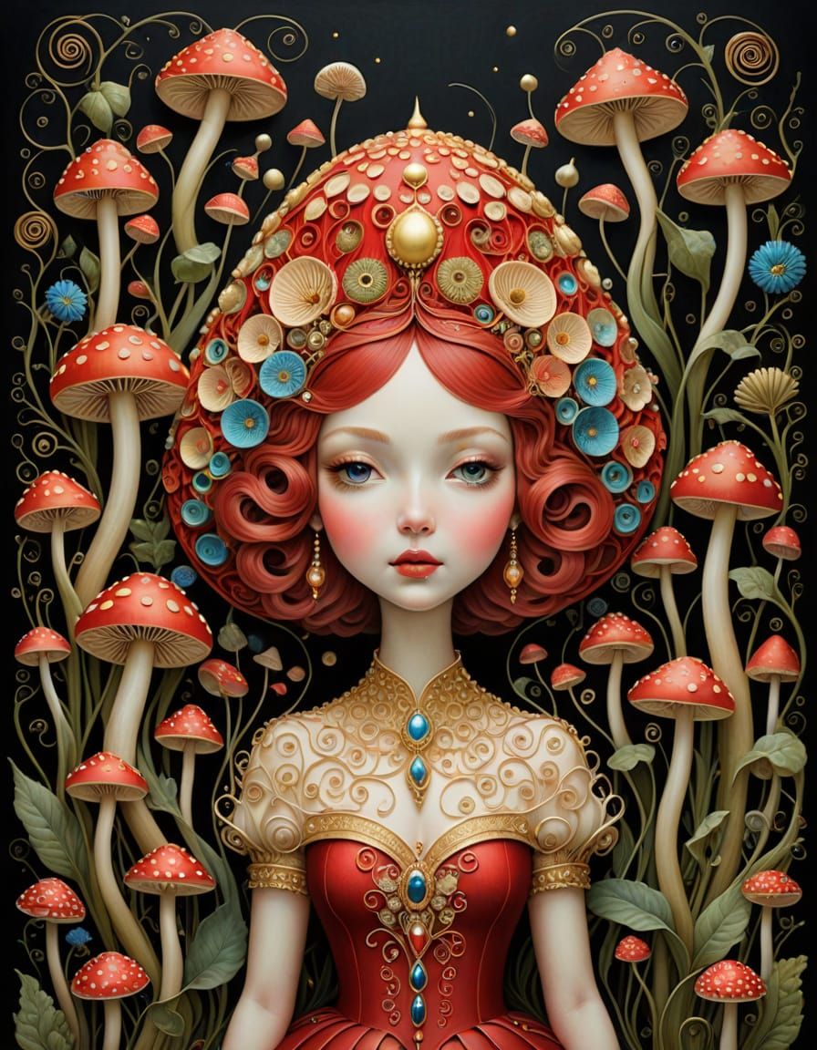 Golden Queen of Fly Agarics in Whimsical Art Nouve... - AI Art