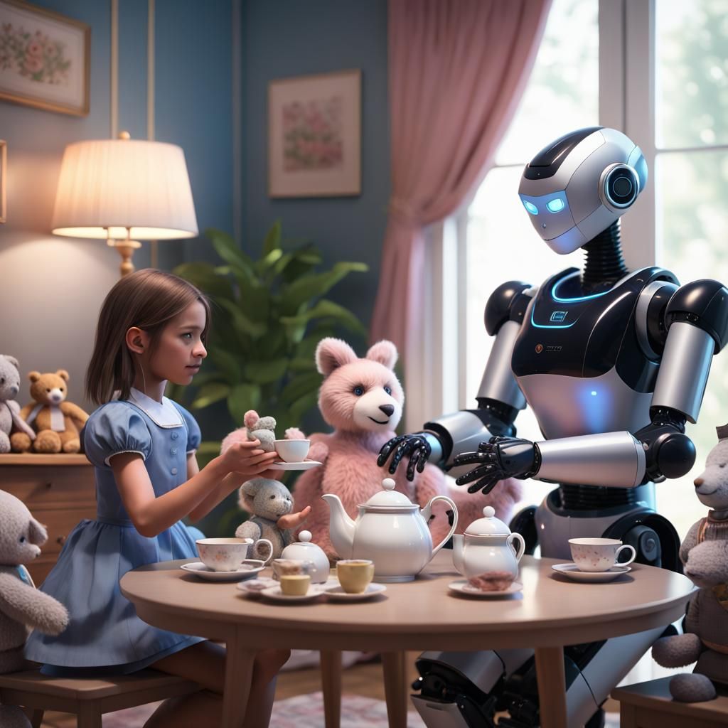 Standing Big humanoid robot butler serving tea to a young human girl ...