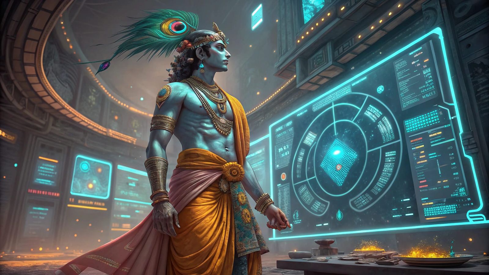 Heroic Lord Krishna in Cyberpunk Security Hub - AI Art