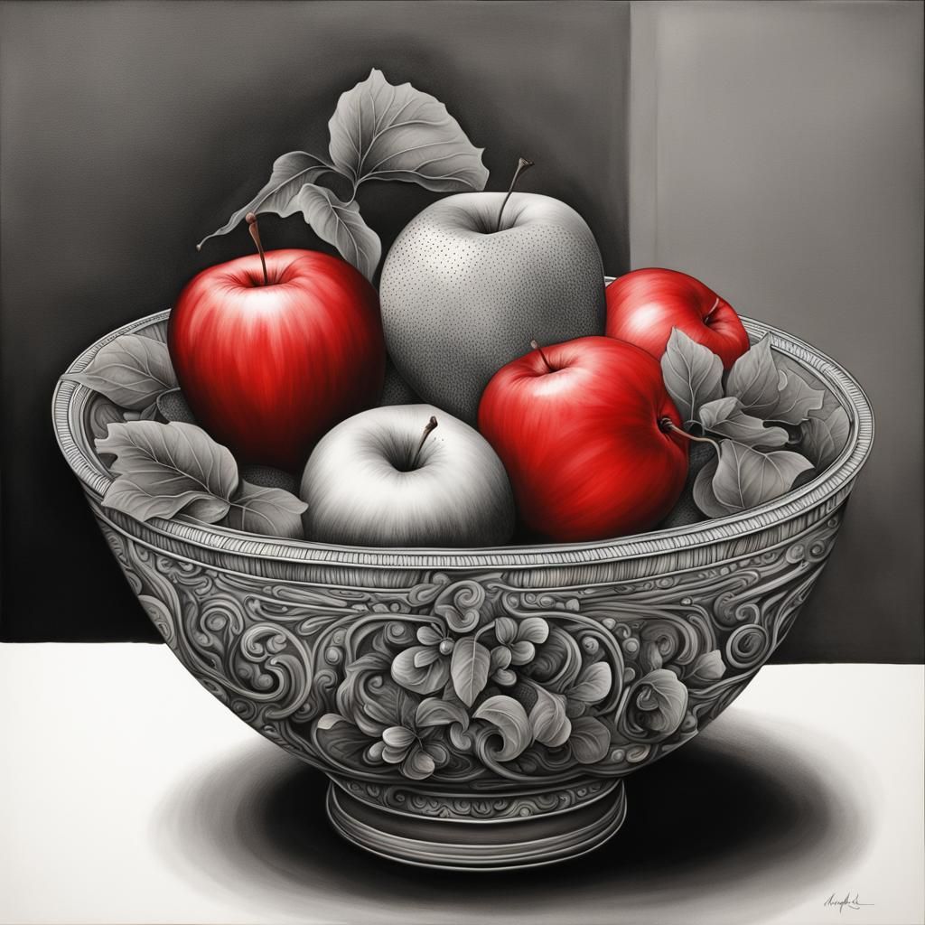 Highly detailed greyscale fruit bowl with one red apple - AI Generated ...