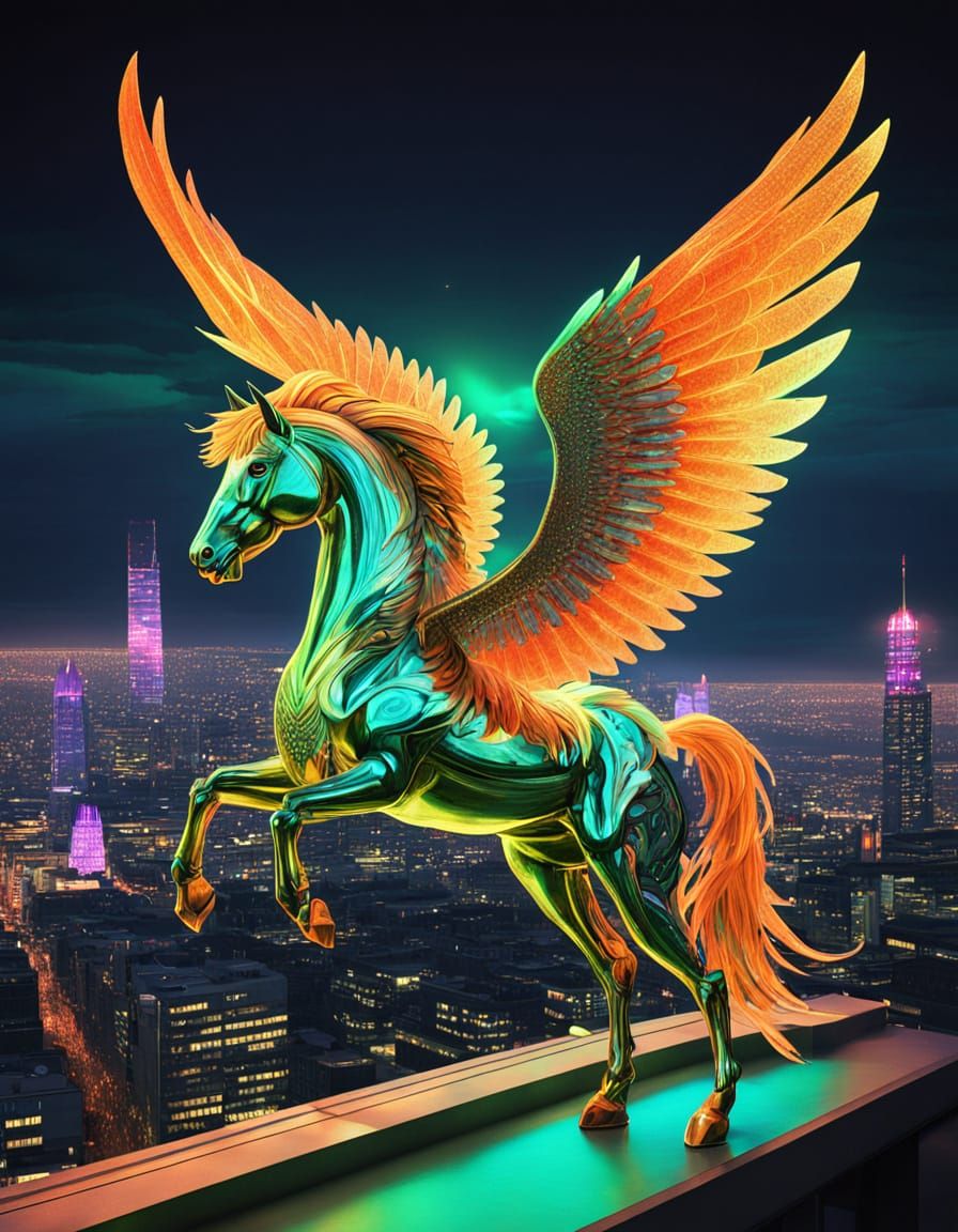 Mythic Pegasus Soars Above a Galactic City - AI Art