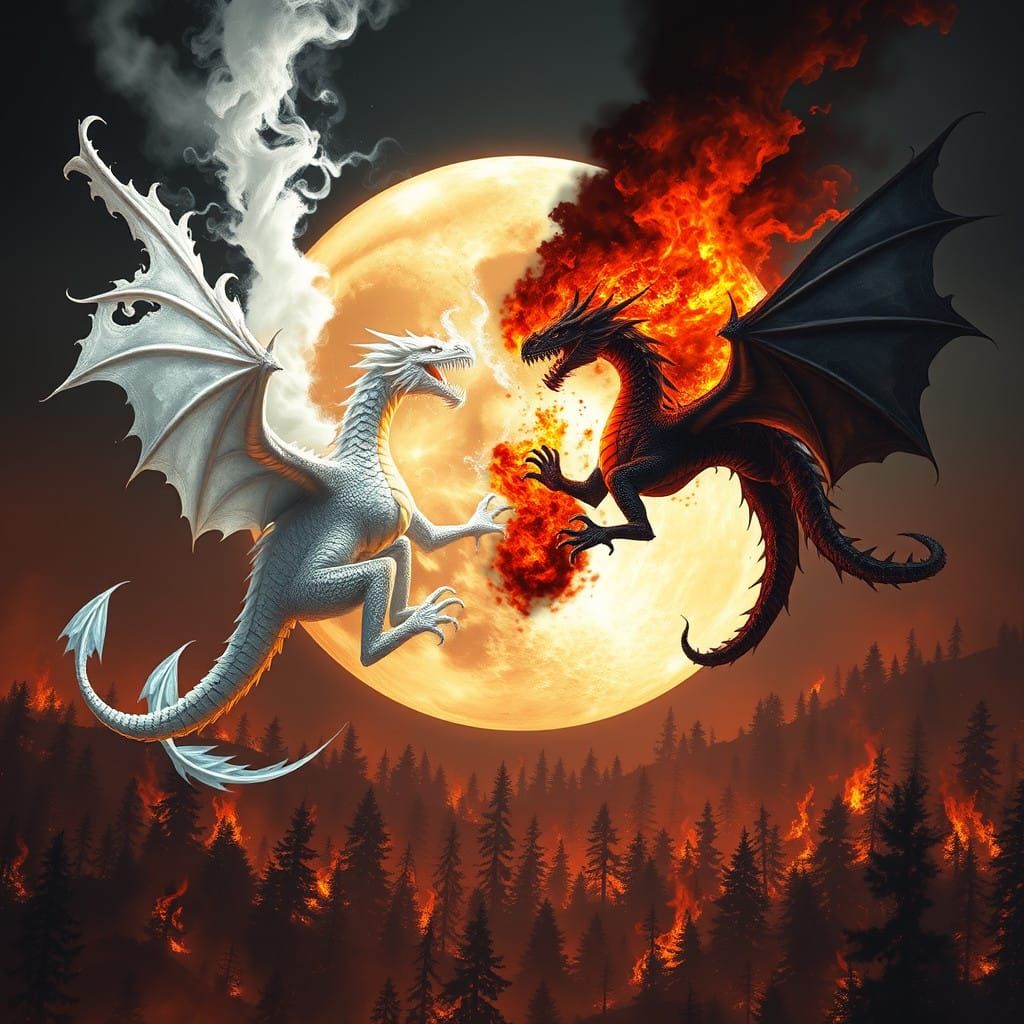 Magnificent Dragons Clash on a Blazing Full Moon - AI Art