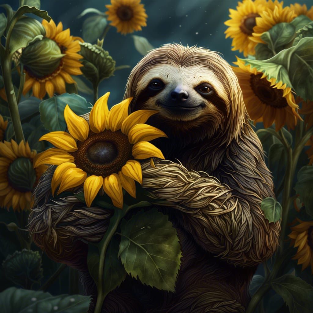 Sloth hugging a sunflower - AI Generated Artwork - NightCafe Creator