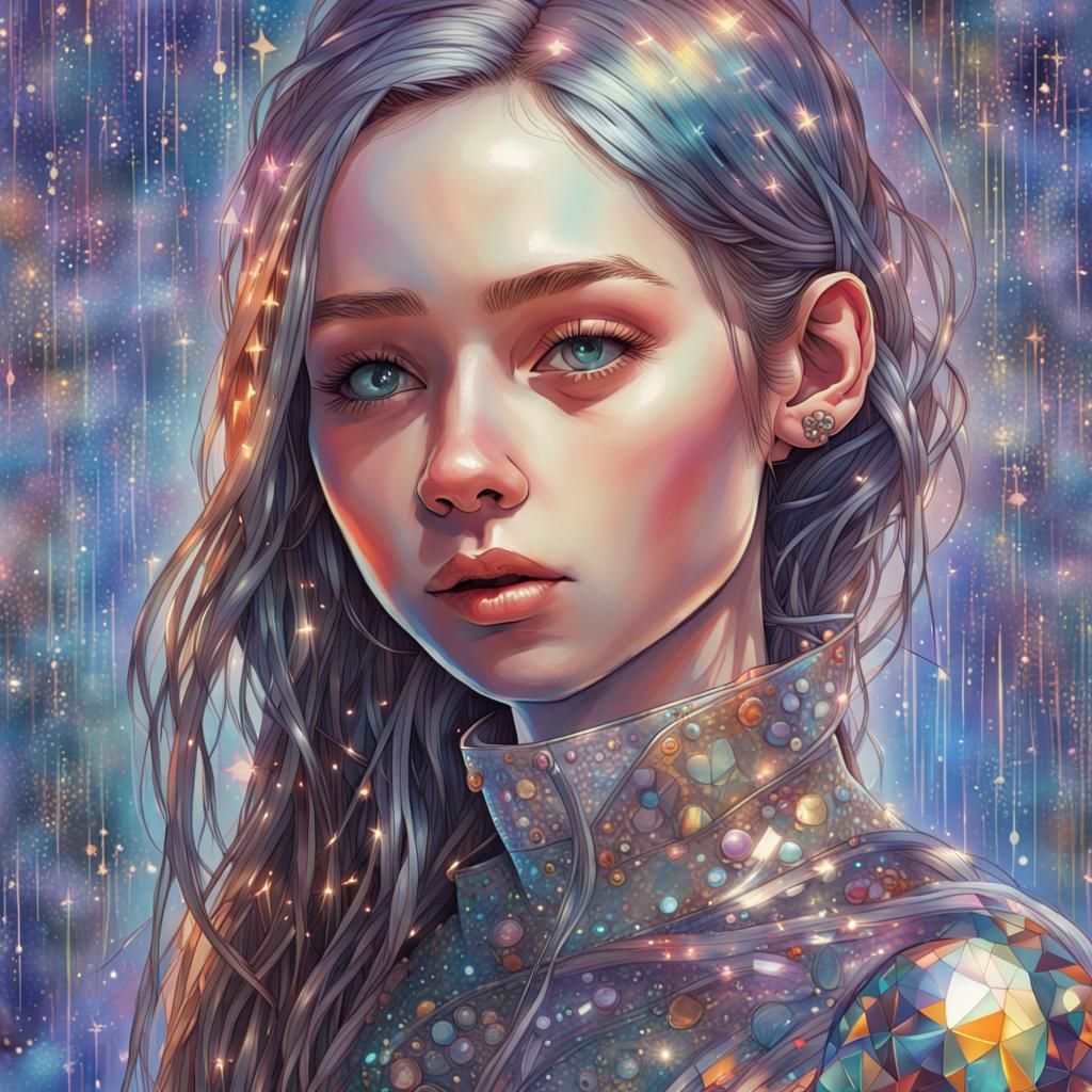 A hyper detailed realistic girl in holographic art style, softly shiny ...