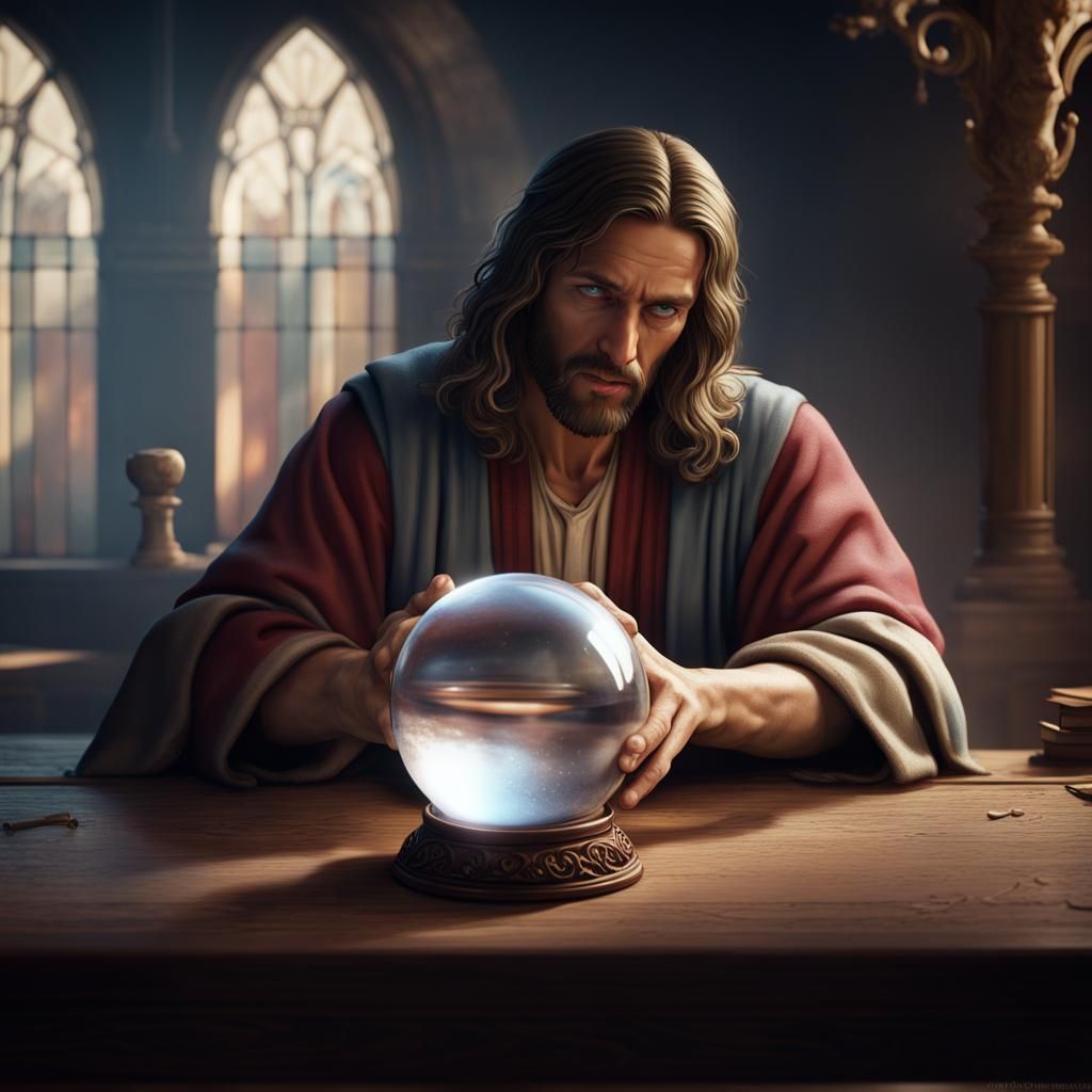 Jesus is crying while looking at the world through a crystal ball. - AI ...