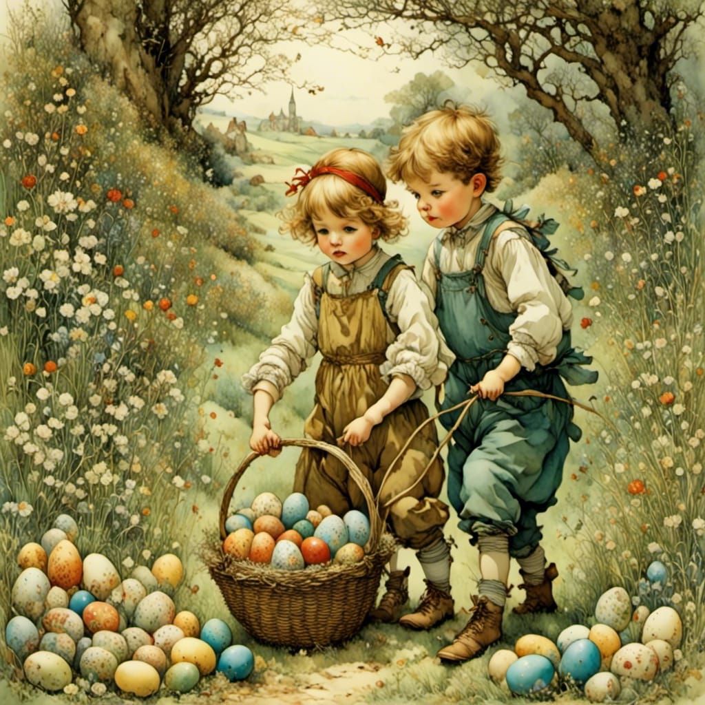 The big brother helps his little sister look for Easter eggs, by Lisi ...