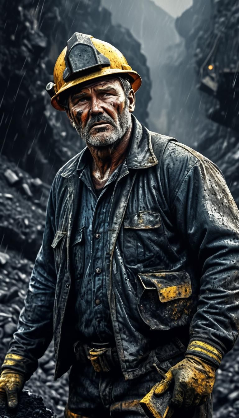 photo shows a dirty coal miner after work Hyperrealist splash art ...