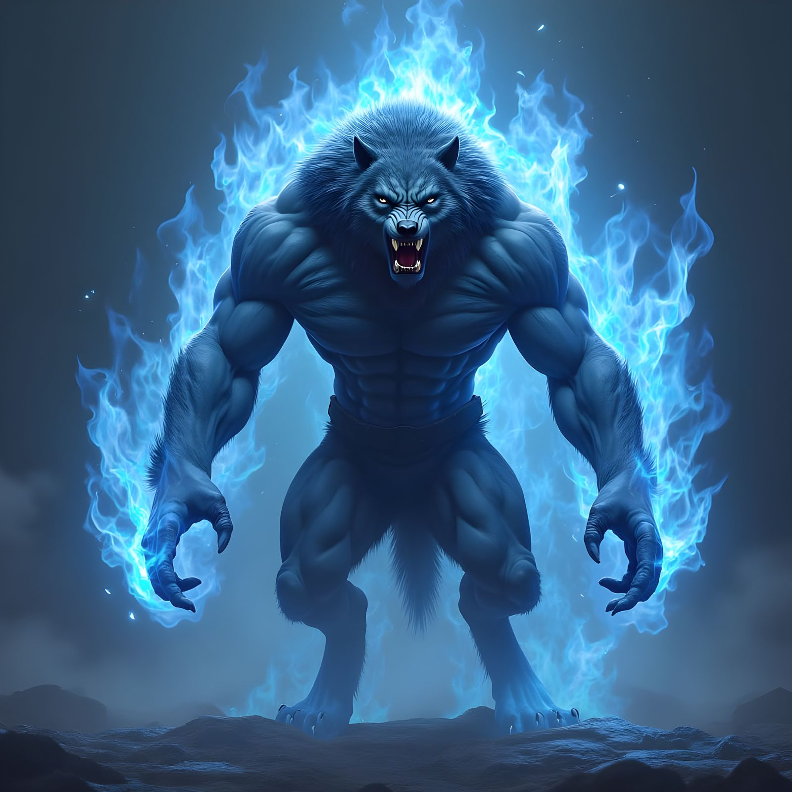 A full body shot of very powerful muscular werewolf wreathed in blue flames